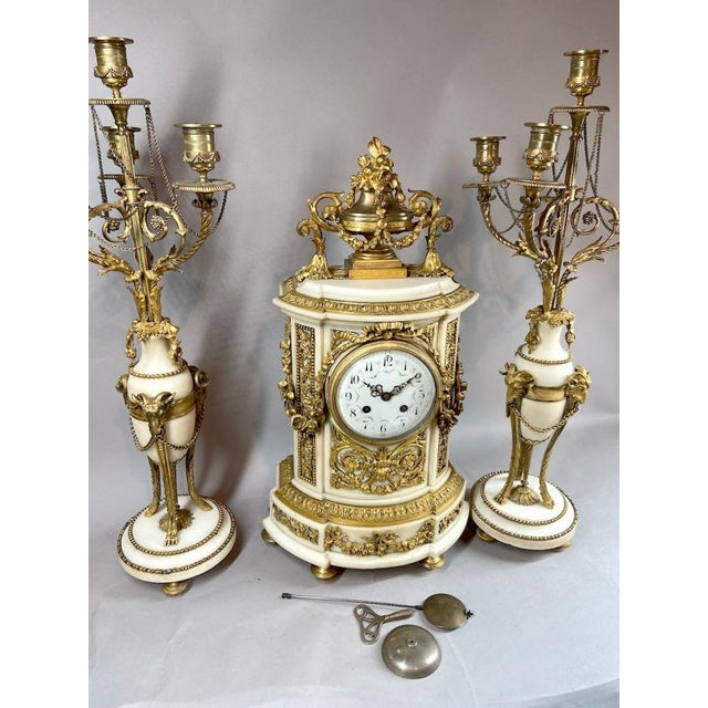 French Louis XVI Marble and Bronze Chimney Clock Set, Mid-19th Century ...
