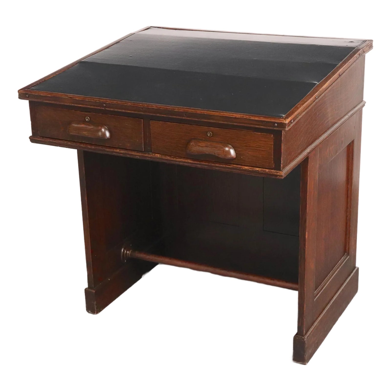Early 1900s Black Leather Top Oak Slanted Writing Desk | Chairish