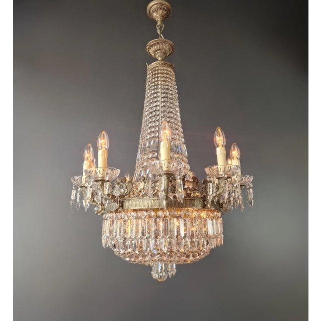 1910s Brass Lustre Art Nouveau Low Oval Plafonnier Crystal Chandelier ...
