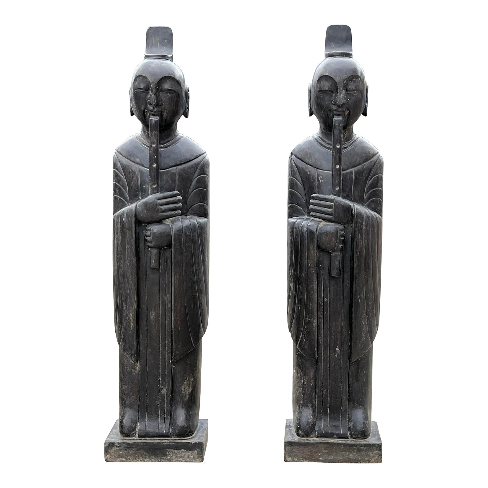 Pair Chinese Black Gray Stone Standing Zen Harmony Decor Statues | Chairish