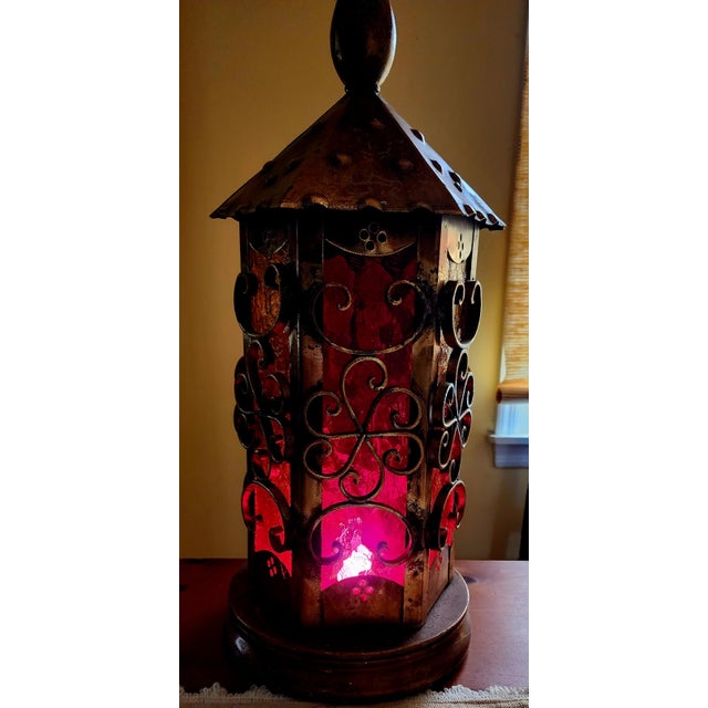 1960s Large Spanish Revival Gilded Red and Yellow Glass Lamp | Chairish
