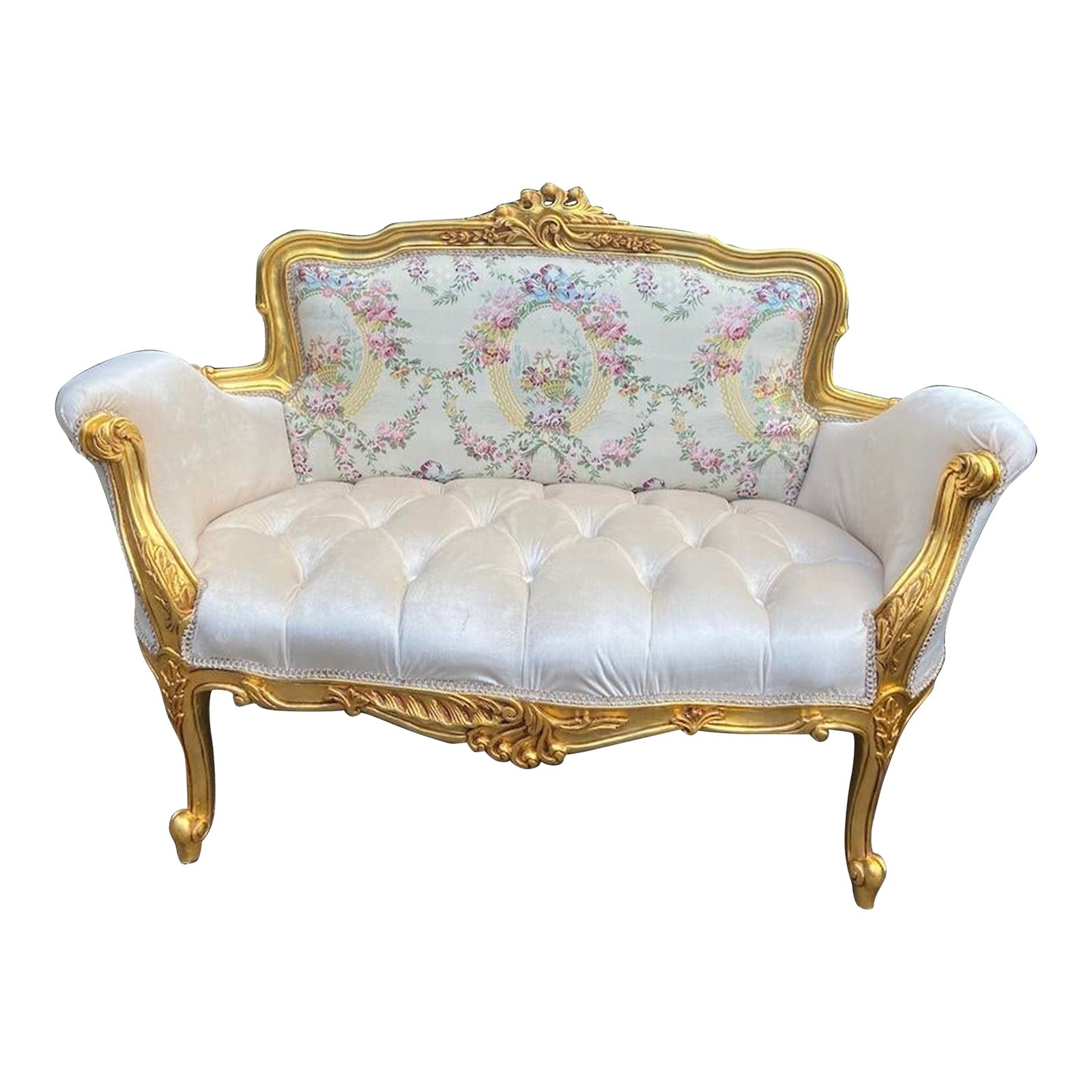 Vintage French Louis XVI Settee in Tufted Beige Velvet , Gild Beech and Damask | Chairish