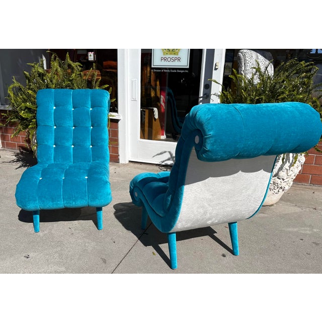 Pair of Mid Century Modern Tufted Turquoise Velvet Chairs | Chairish