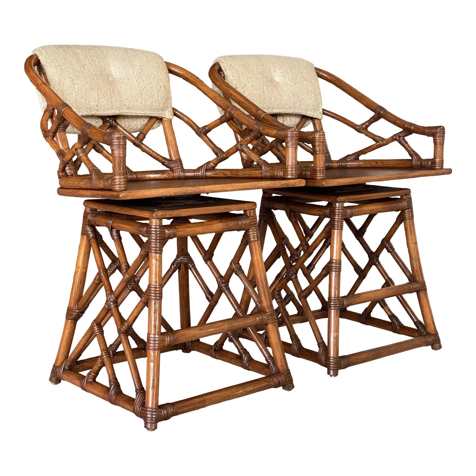 Vintage Coastal Chippendale Rattan Swivel Counter Stools-Pair | Chairish