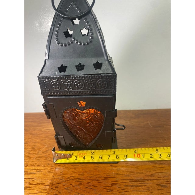 Moroccan Style Metal Lantern Candle Holder – Vintage Heart Glass Panels ...