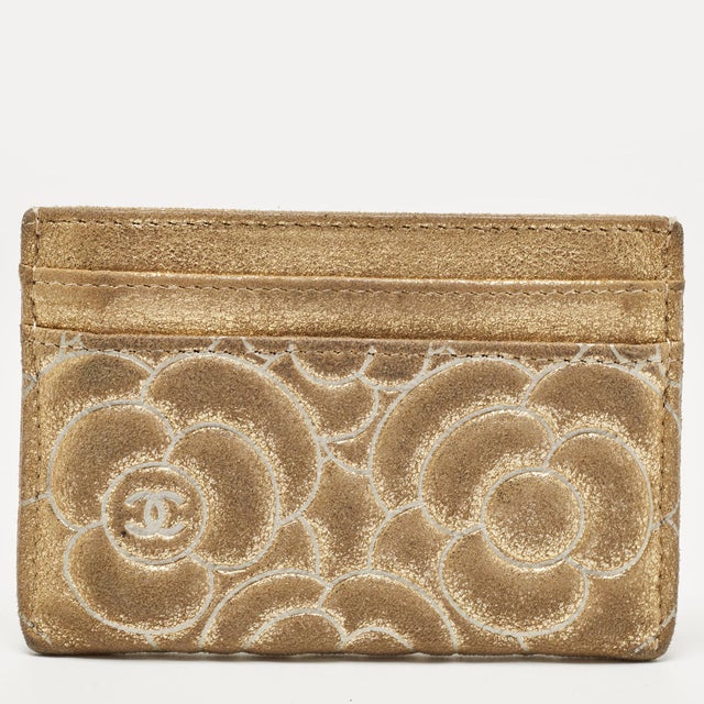 Chanel Gold Suede Camellia Embossed Classic Card Holder | Chairish