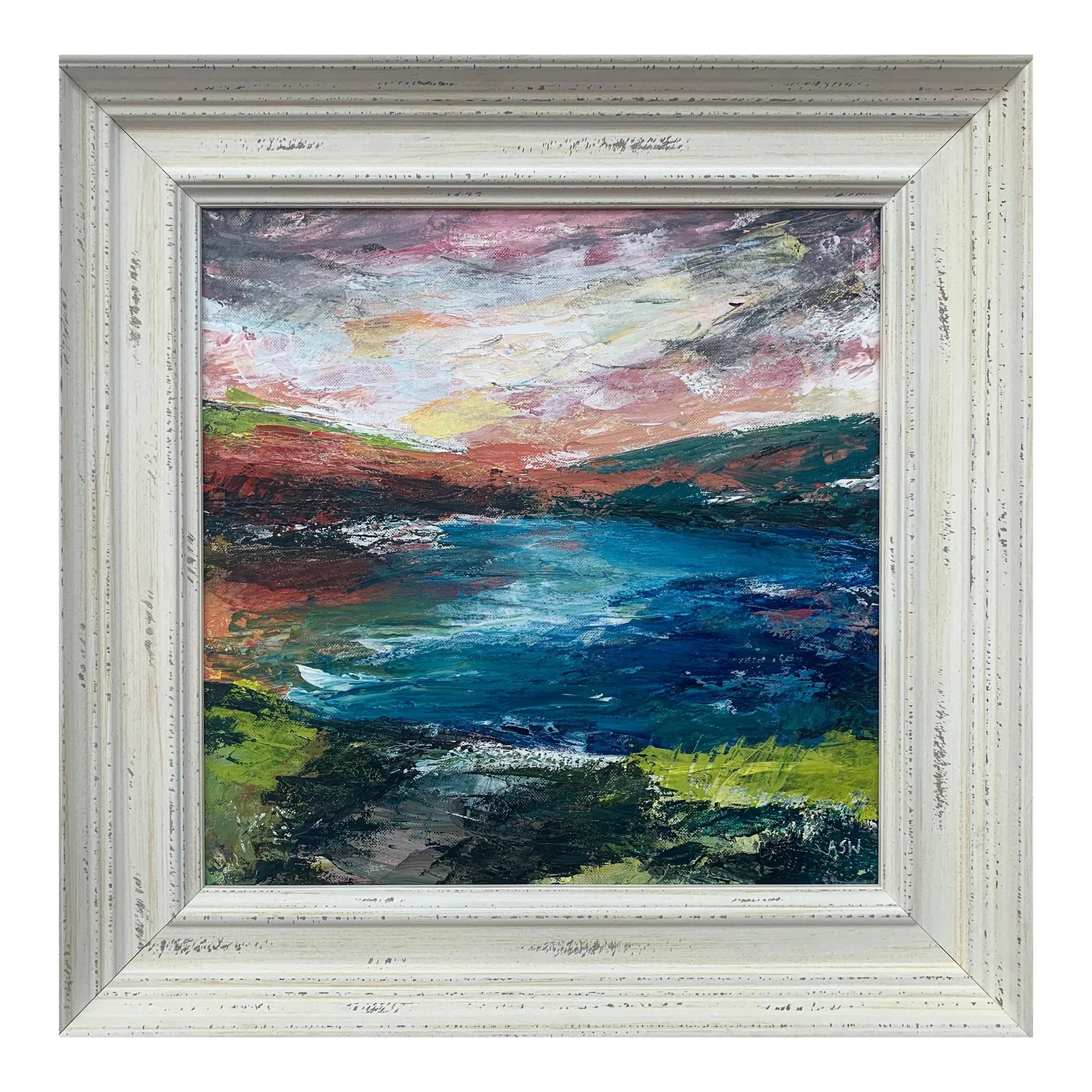 Angela Wakefield, Colourful Abstract River Bank Lakeside Landscape by ...