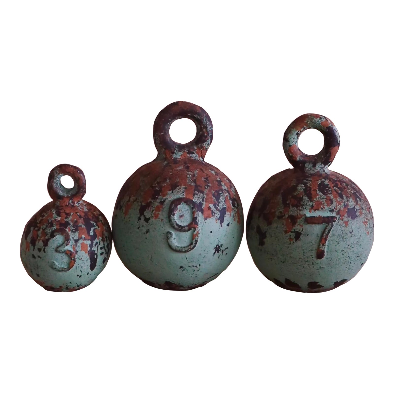 Rare Antique Iron Scale Weights (Set/3) | Chairish