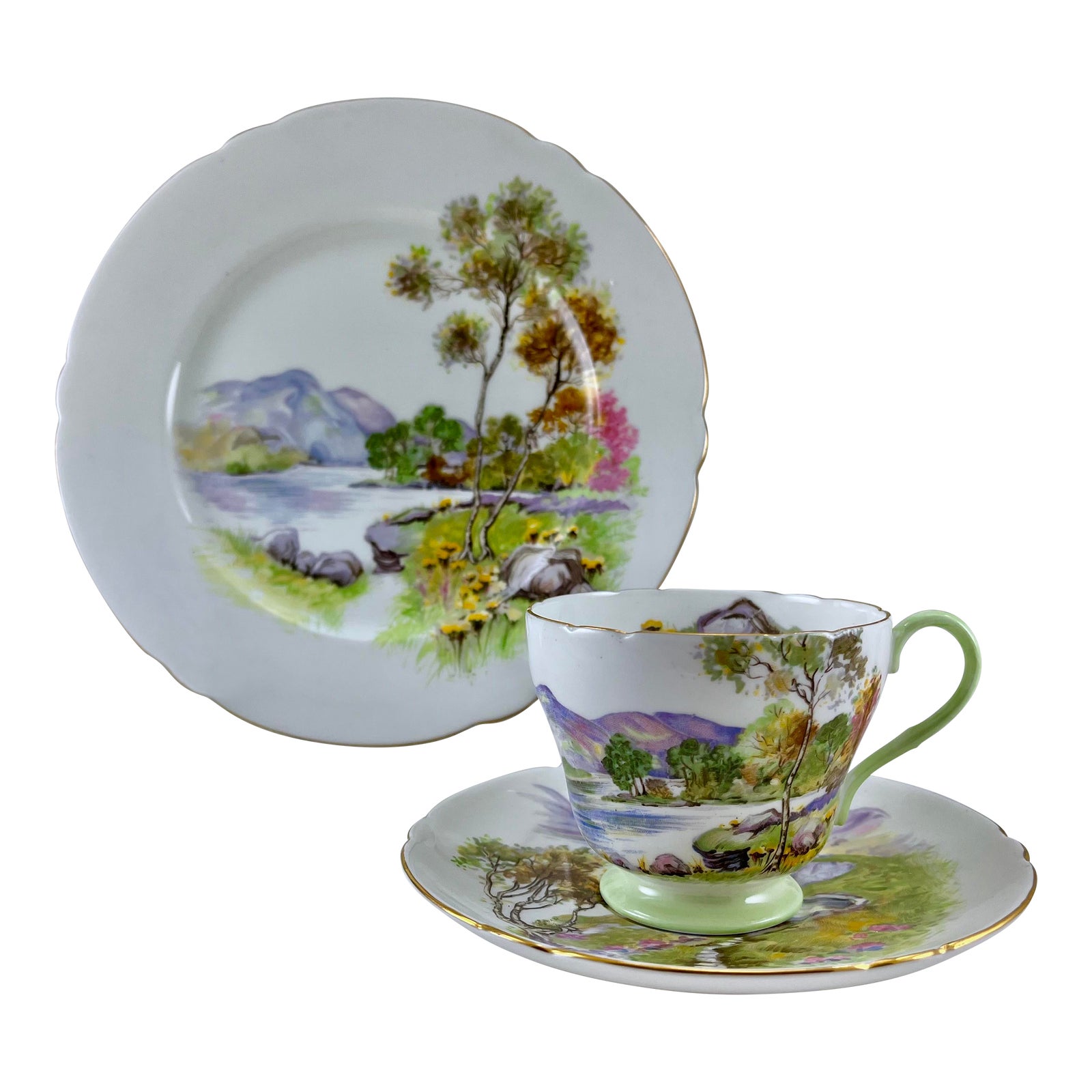Mid 20th Century Shelley English Lakes Trio Dessert Set | Chairish