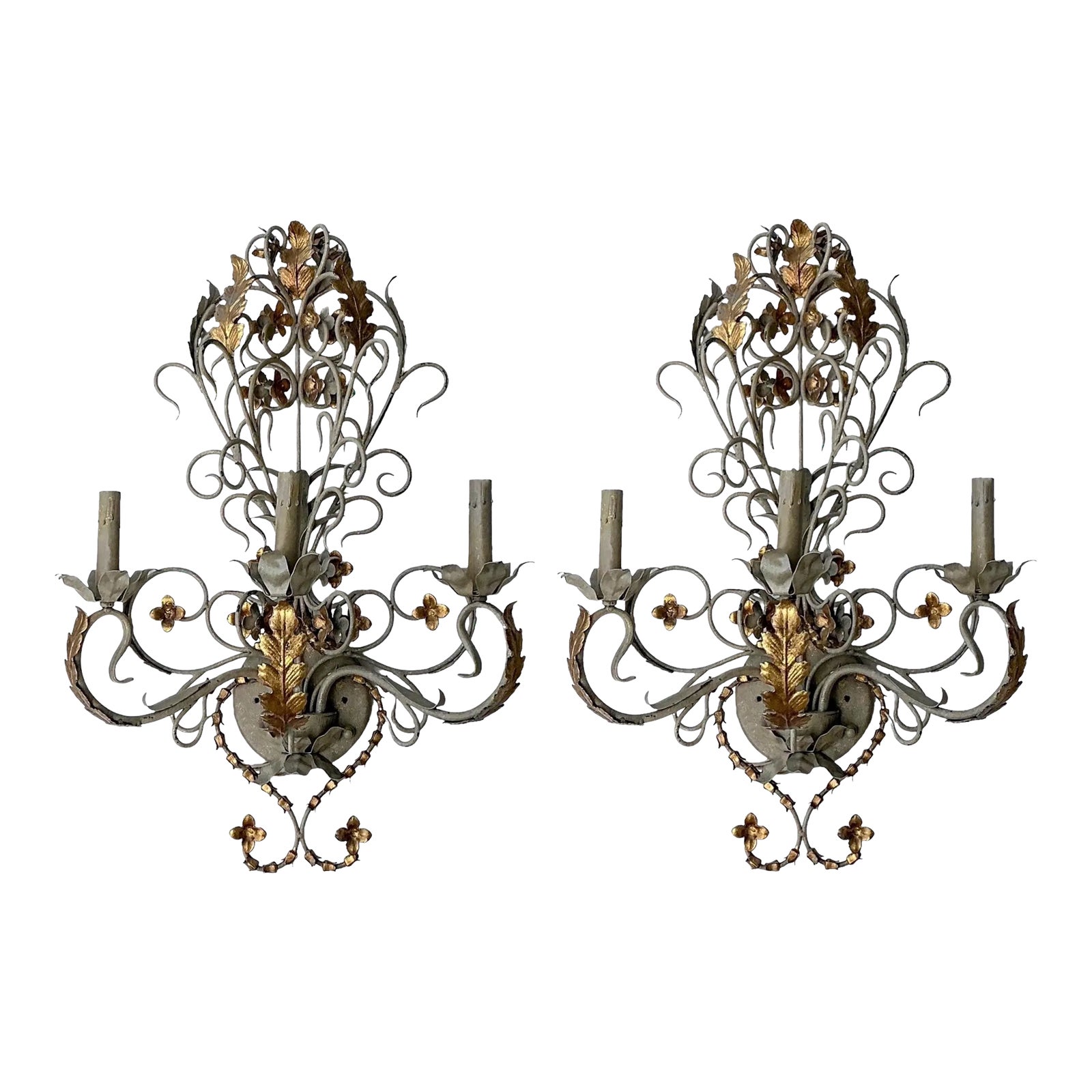 Large Scale French Gray &Gilt Metal Tole Sconces by Currey & Company ...
