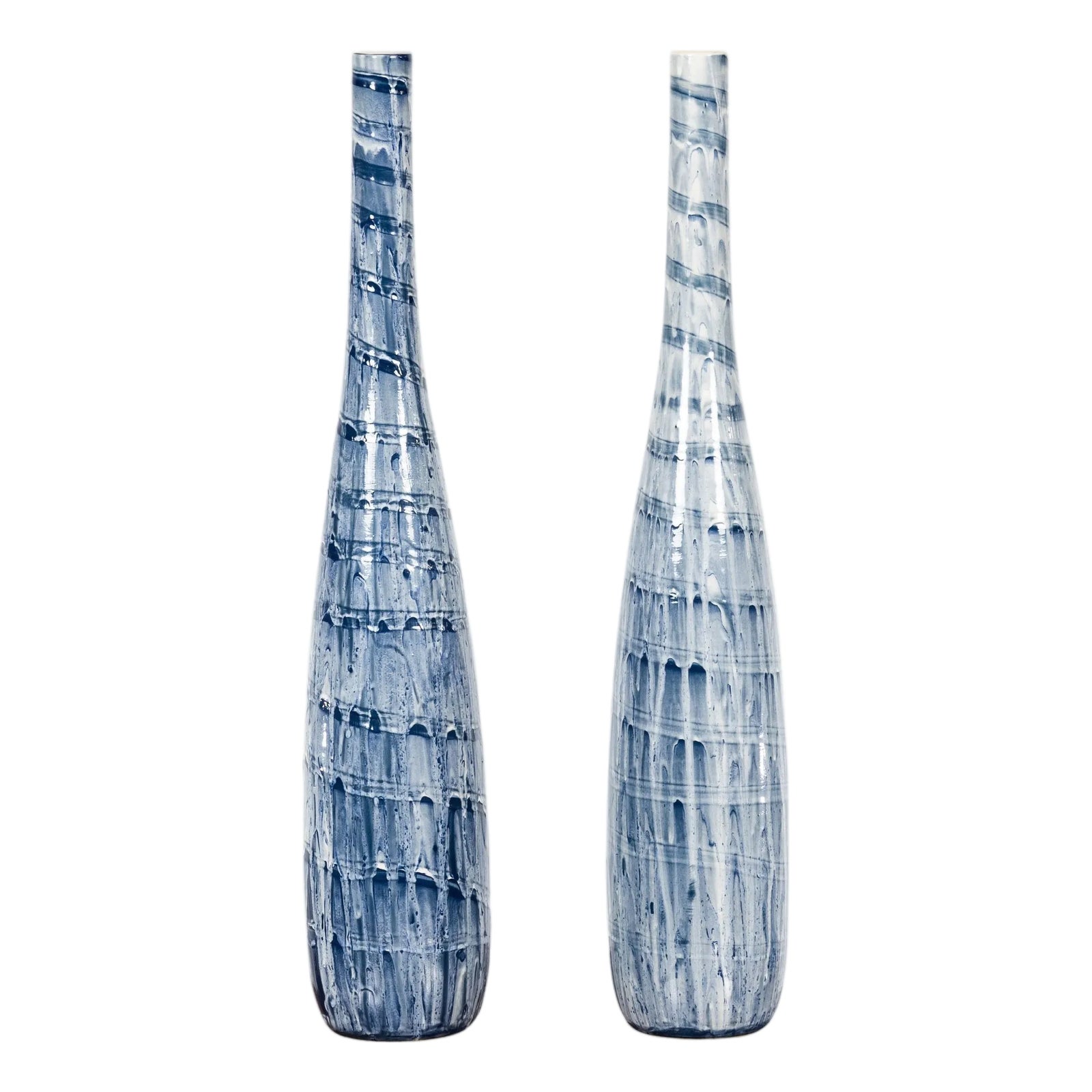 Slender Blue Vase with Spiraling and Dripping Décor, Two Sold Each ...