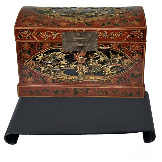 1960s Vintage Chinese Carved Double Dragon Wood Dowry Keepsake Box Felt ...
