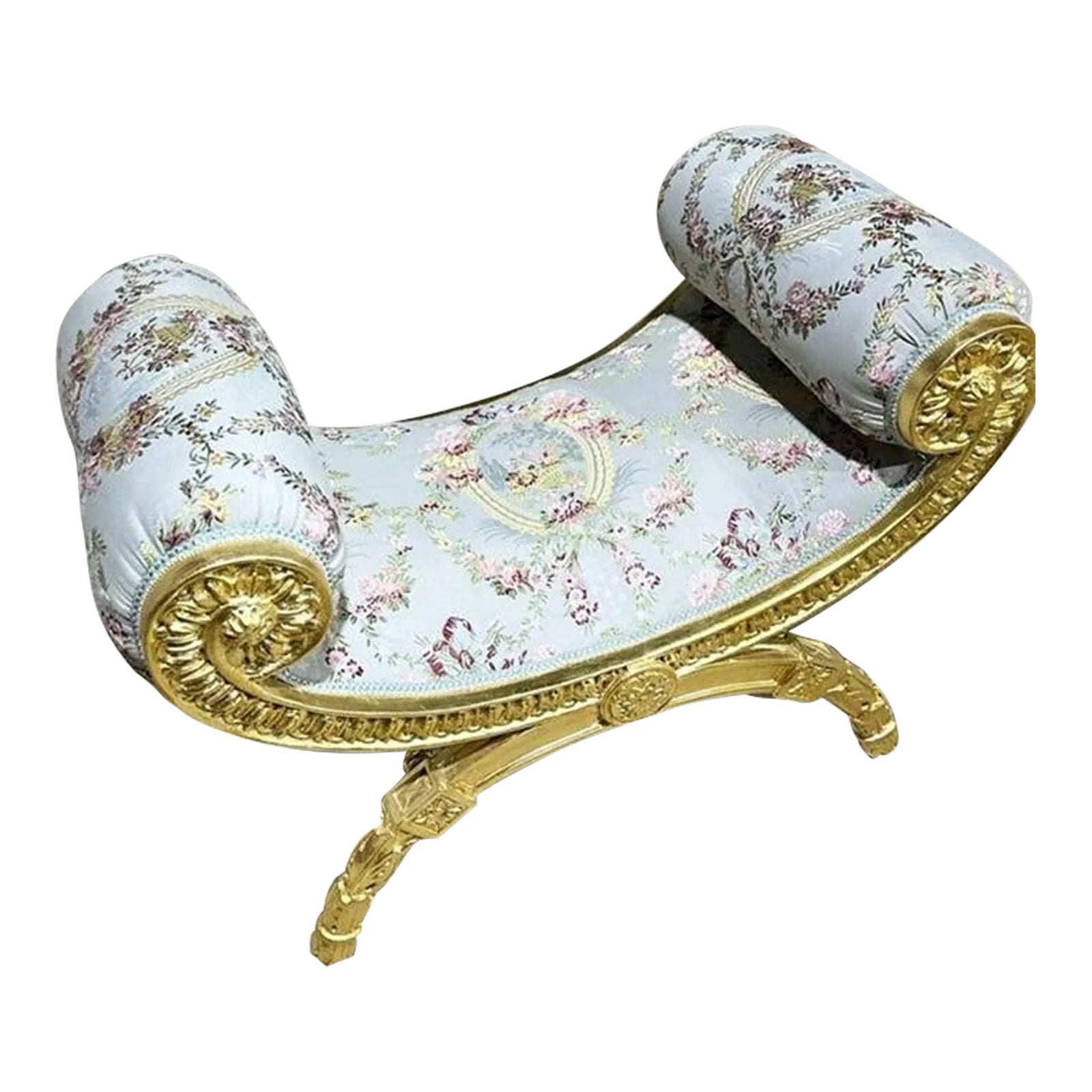 French Style Sky Blue Small Bench With Gold Details | Chairish