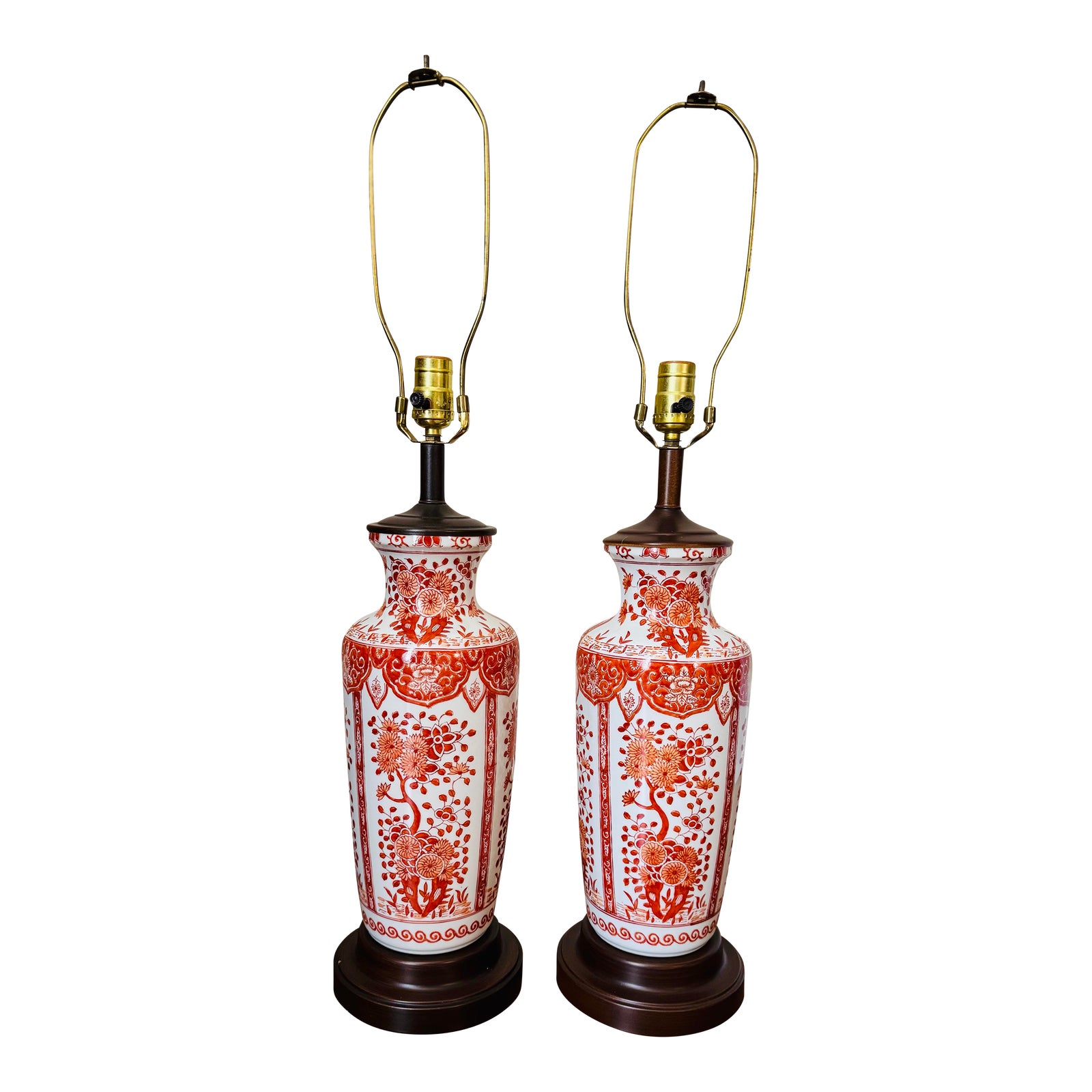 Vintage Pair of Asian Red Porcelain Lamps- Red Chinoiserie Lamps | Chairish