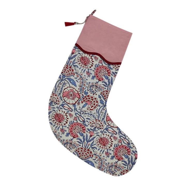 Handmade White Floral Block Print Christmas Stocking with Red Piping ...