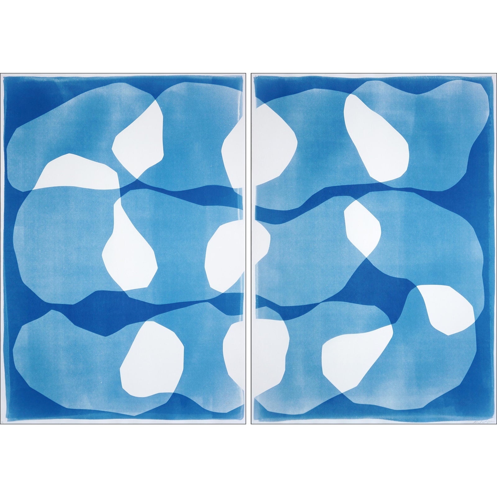 2025, Zig Zag Ovals Diptych, Unique Monotype Cyanotype, Biomorphic Art ...