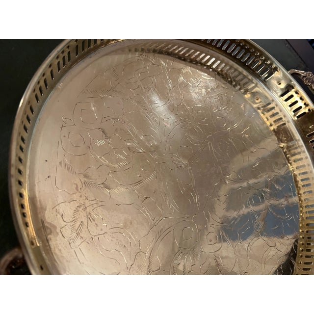 1970’s Engraved Brass Gallery Tray With Floral Handles | Chairish