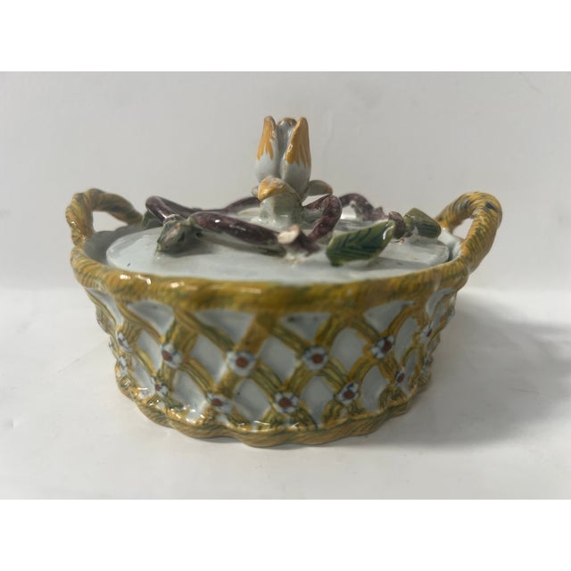 Polychrome Earthenware Butter Dish with Two Handles | Chairish