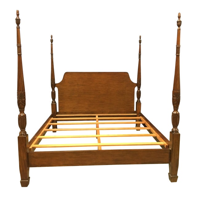 Leighton Hall King Size Mahogany Rice Carved Poster Bed - Showroom Sample | Chairish