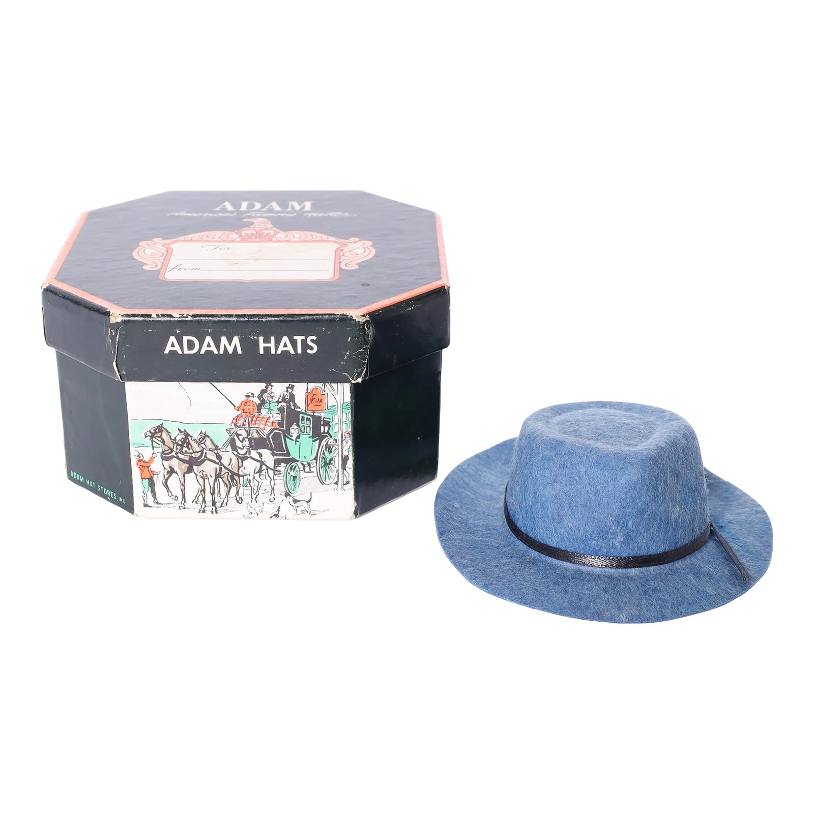 Vintage Adam Hats Miniature Hat Box With Blue Felt Hat | Chairish