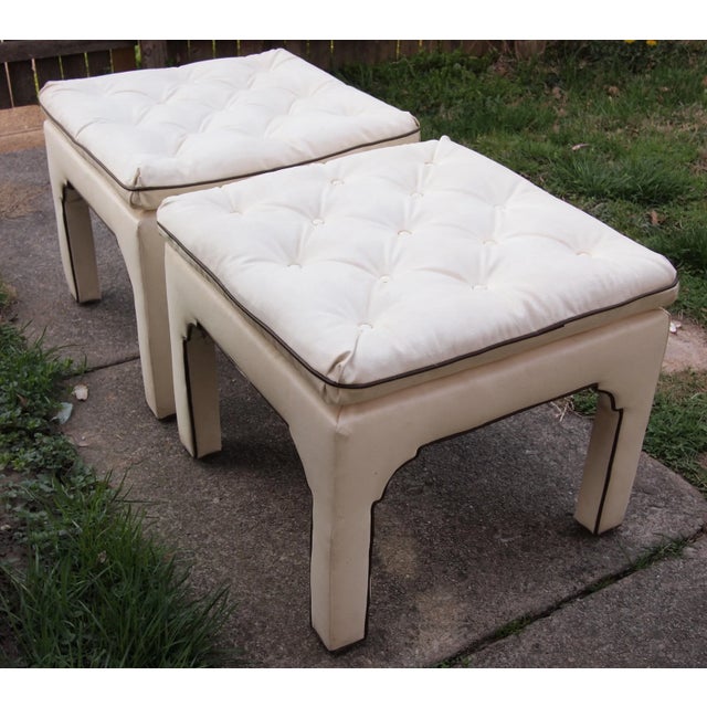 Vintage Cream Ivory Off-White Leather-Wrapped Ottomans Stools with ...