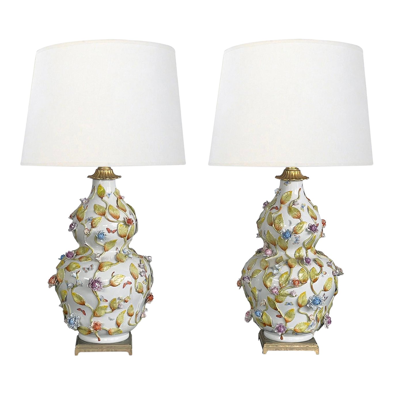 Fine Pair of Continental Double-Gourd Lamps With Applied Floral Vines ...
