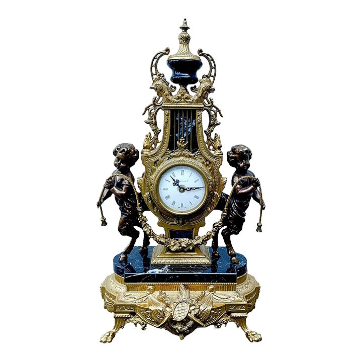 Vintage Italian Gilt Bronze & Marble Rococo Lyre Clock With Faun ...