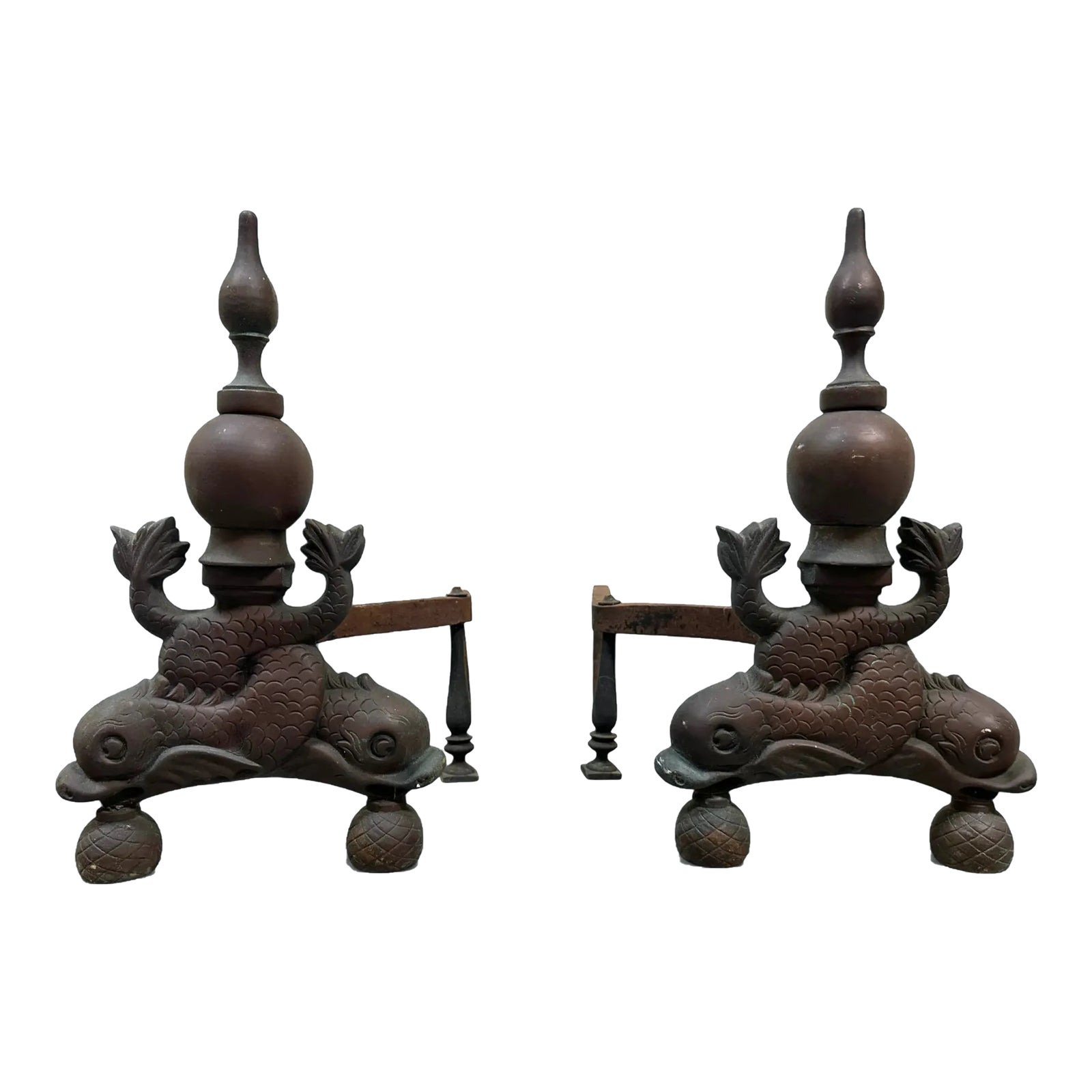 Pair of Bronze Double Dolphin Form Andirons, Late 19th Century | Chairish