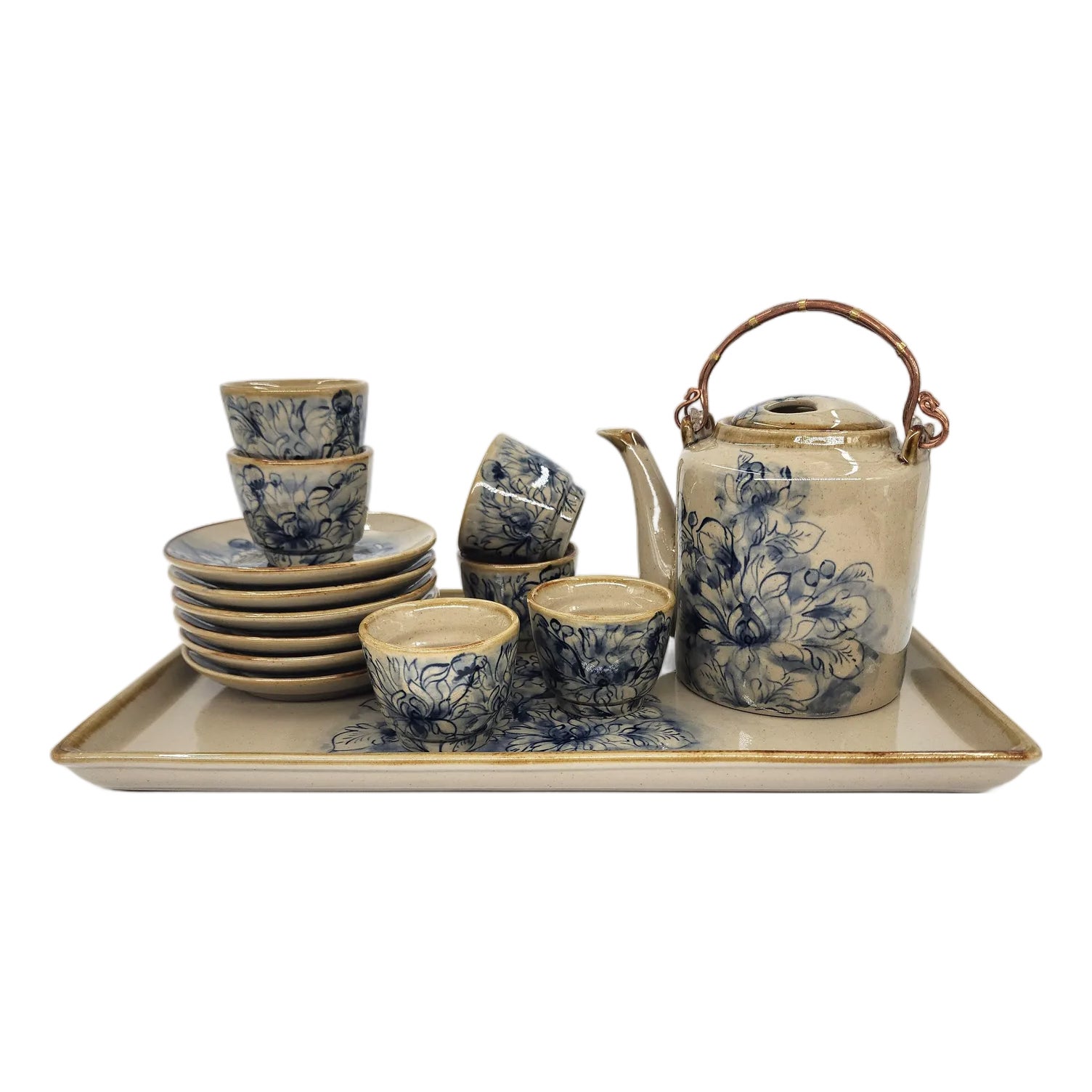 20 Piece Hand-Painted Stoneware Tea & Coffee Set for 6 in Indigo Floral ...