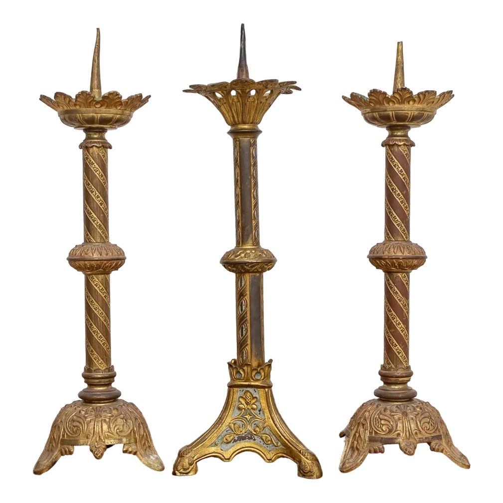 19th Century Altar Candlesticks in Bronze, Set of 3 | Chairish