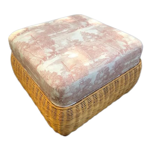 Woven Wicker Ottoman Chinoiserie Toile Upholstery | Chairish