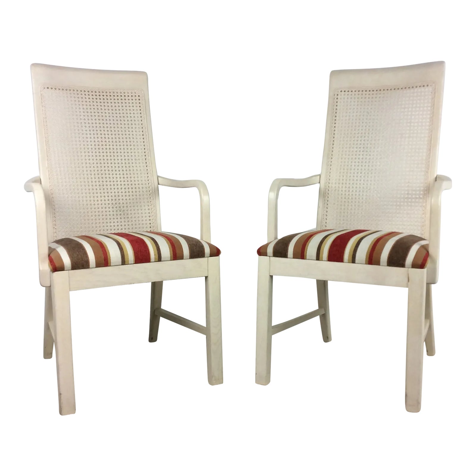 Pair of White Hollywood Regency Style Cane Back Arm Chairs | Chairish