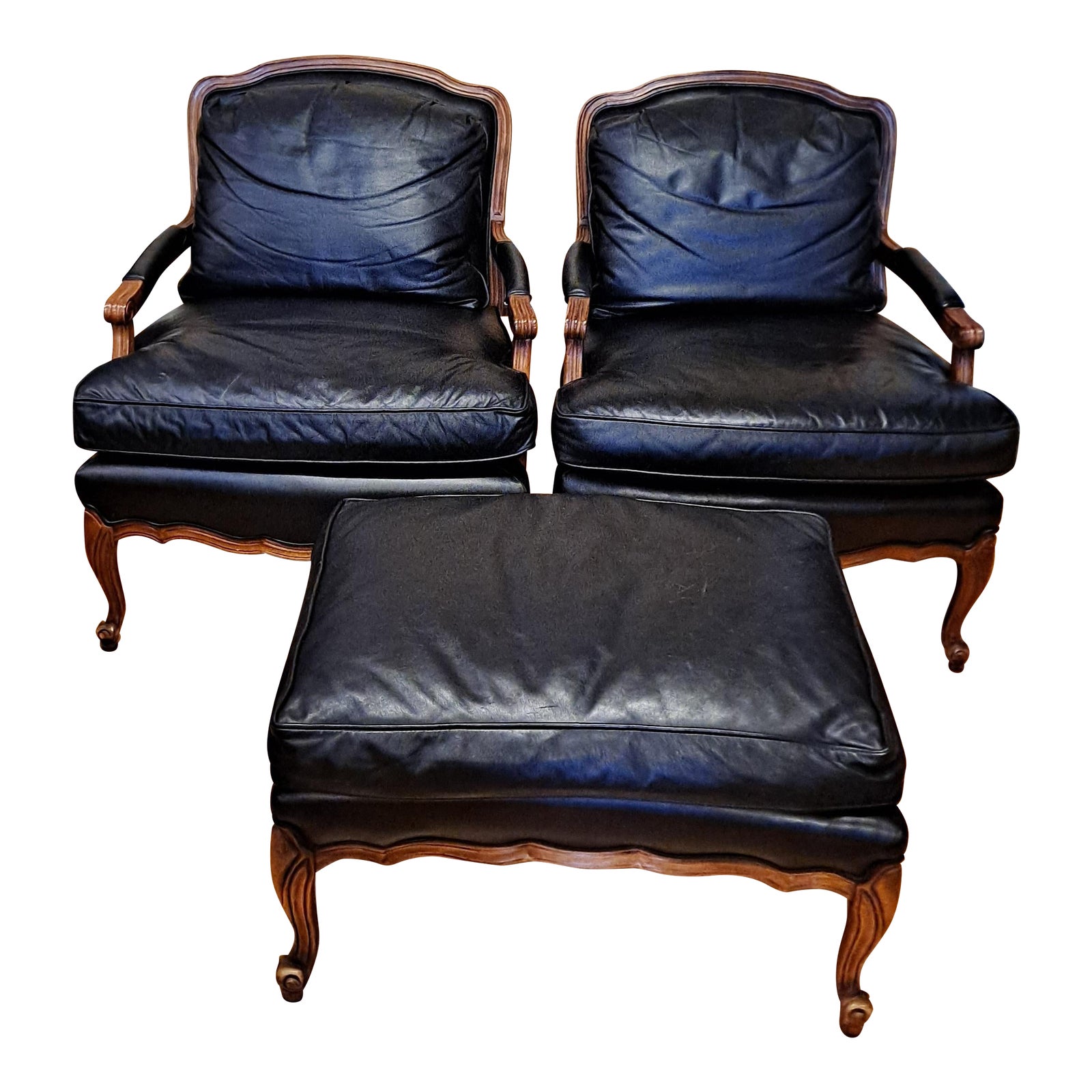 Pair of Sam Moore Leather Bergere-Arm Chairs With Matching Ottoman ...