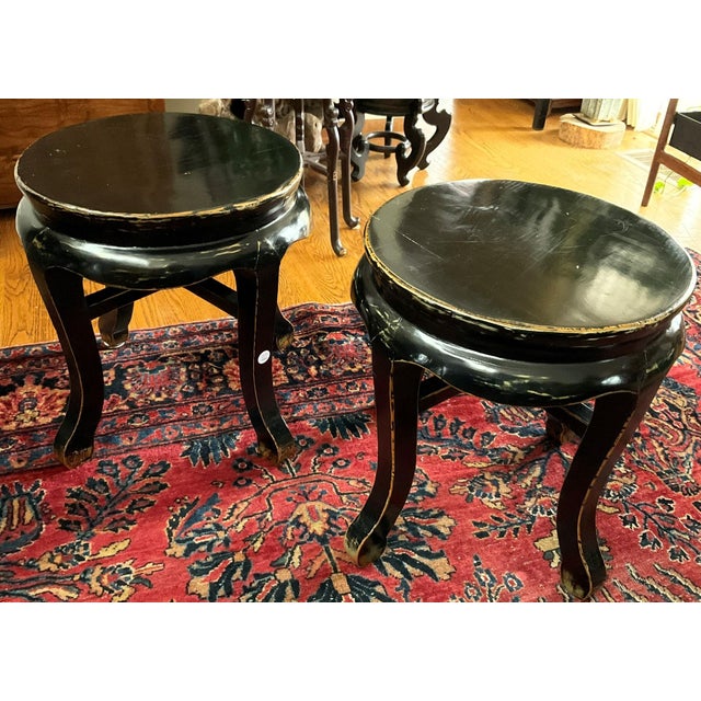 Chinese Mirror Black Lacquer Round Stools - a Pair | Chairish