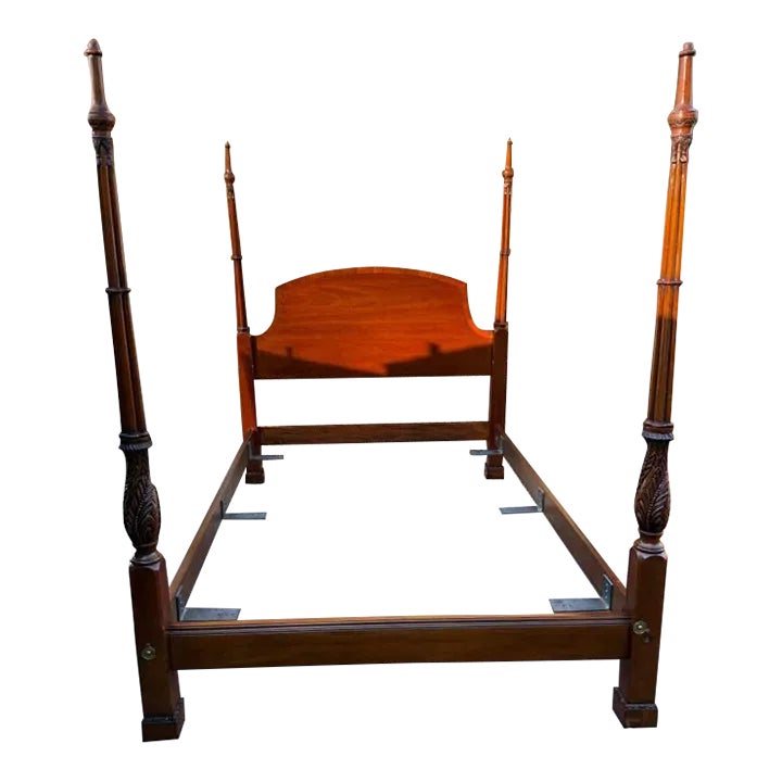 Vintage Mahogany Inlaid Rice Carved Four Poster Queen Bed Frame | Chairish