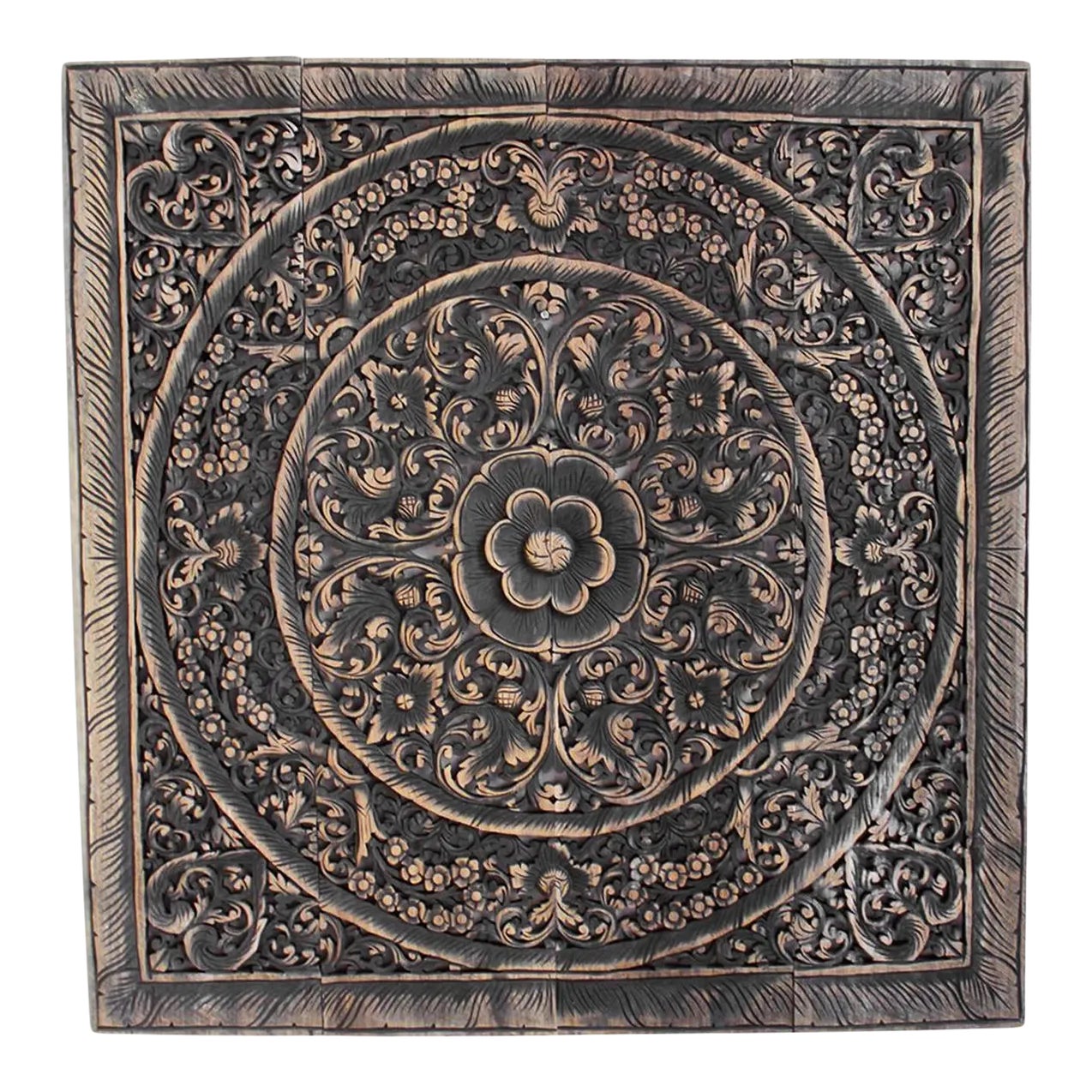 Contemporary Burn Square Teak Carved Panel | Chairish