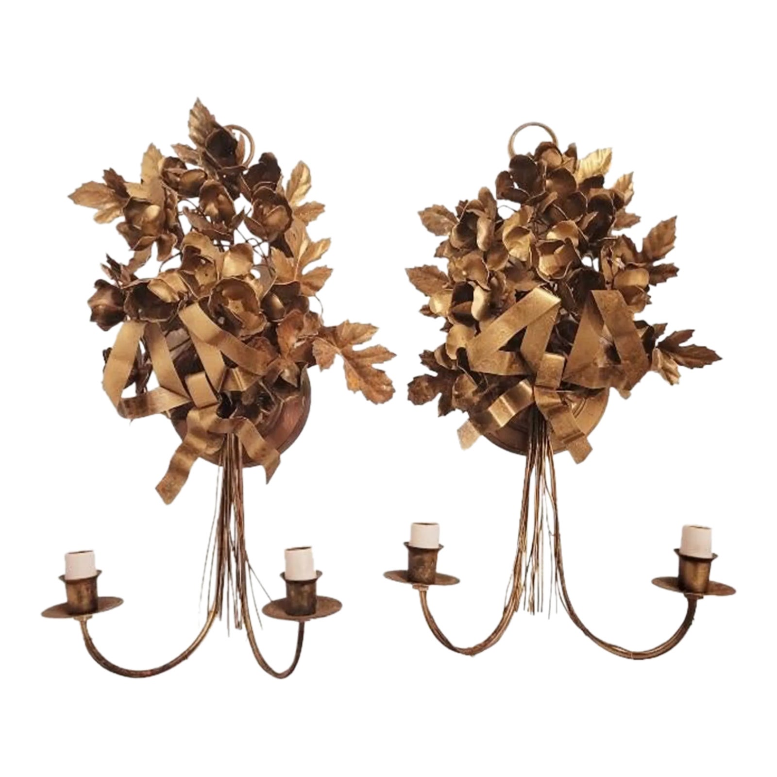 Rare Vintage Metal Tole Huge Bow Front Floral 2 Light Hardwire Wall ...