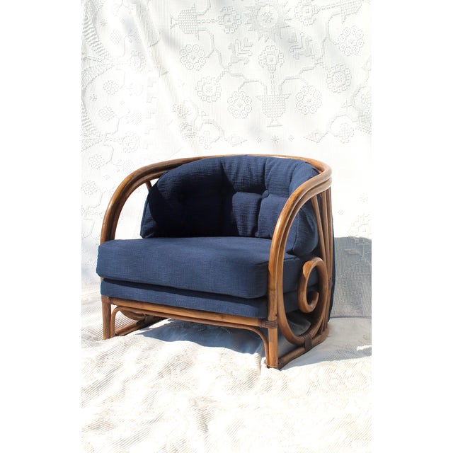 Rattan and Upholstered Scroll Chair From the 1970s | Chairish