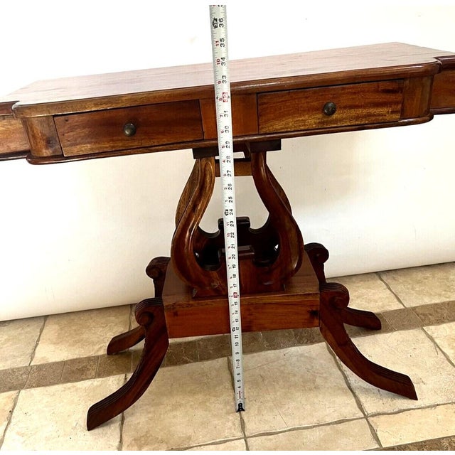 1970s Vintage Sofa Console Table Double Lyre Pedestal Two Drawers Small ...