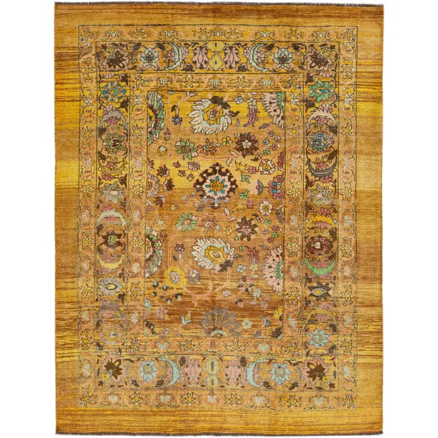 Yellow Mid-Century Modern Style Handmade Wool Rug With Floral Design ...