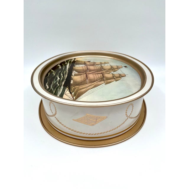 1976 Large Nautical Tole Biscuit Tin Featuring Clipper Ships | Chairish