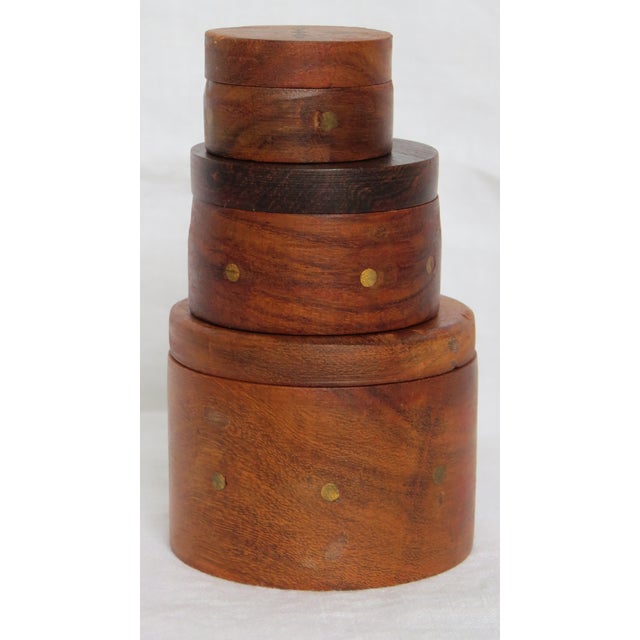 Vintage Mini Round Wooden Nesting Boxes With Brass Inlay Set of 3 ...