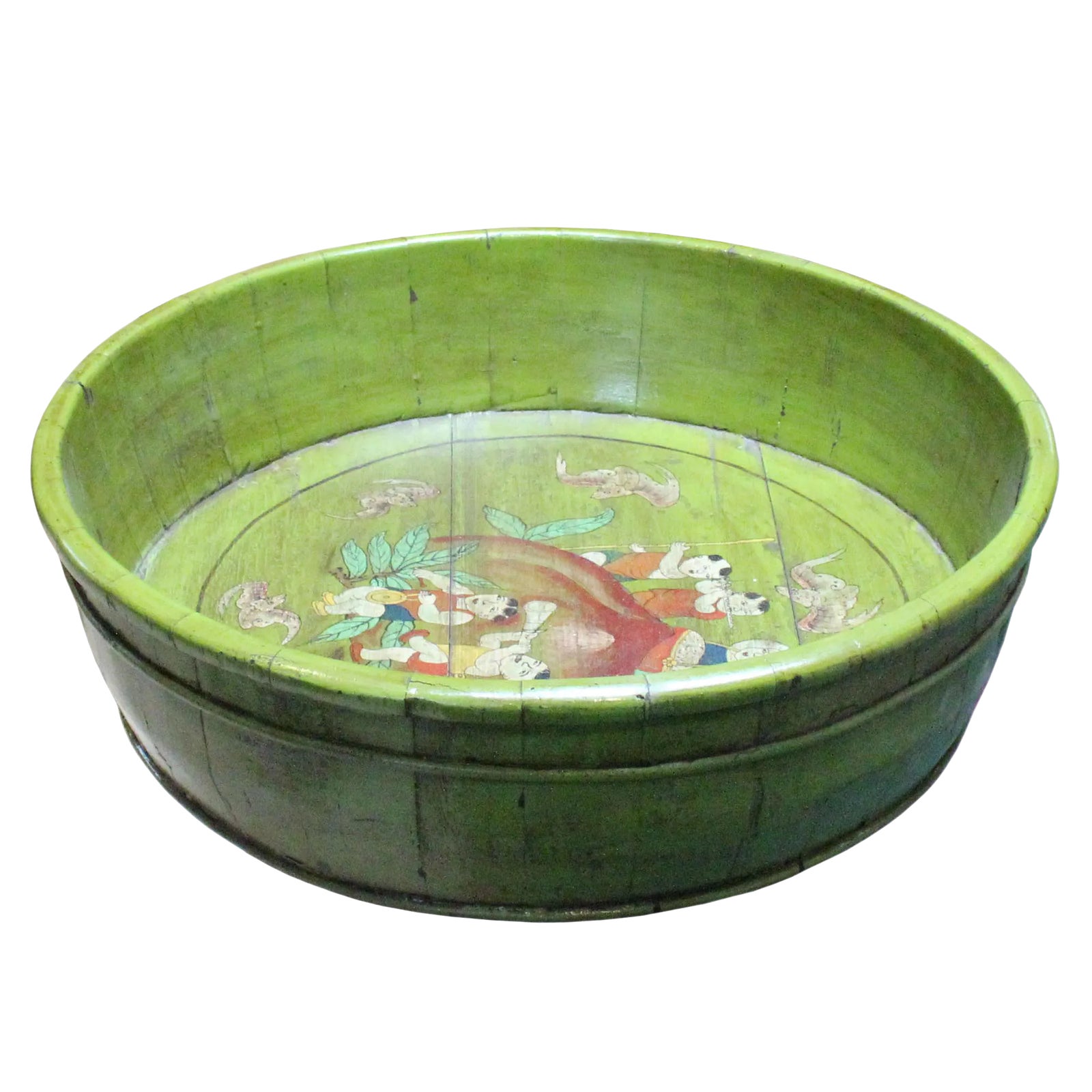 Chinese Vintage Distressed Green Graphic Round Shape Wood Bucket | Chairish