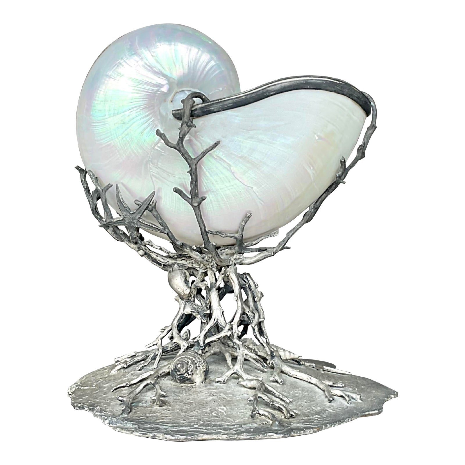 Vintage Coastal Nautilus Shell in Metal Faux Bois Cradle | Chairish