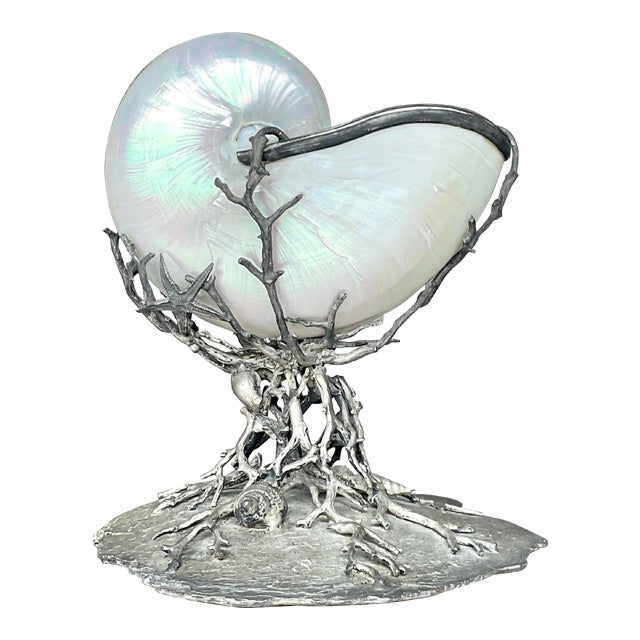 Vintage Coastal Nautilus Shell in Metal Faux Bois Cradle | Chairish