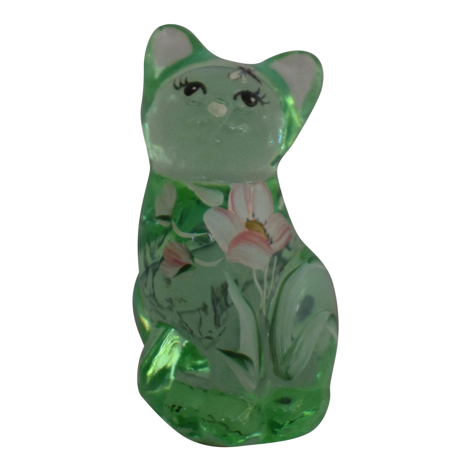 Fenton Art Glass Hand Painted Green Cat Figurine | Chairish