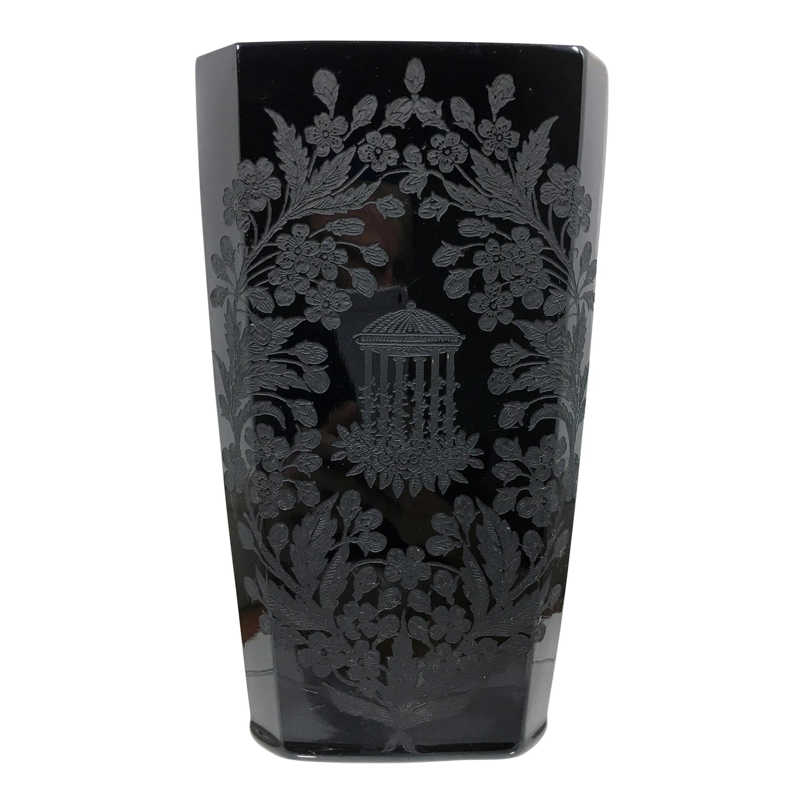 1930s Paden City Utopia Pattern Ebony Black Glass Etched Vase | Chairish