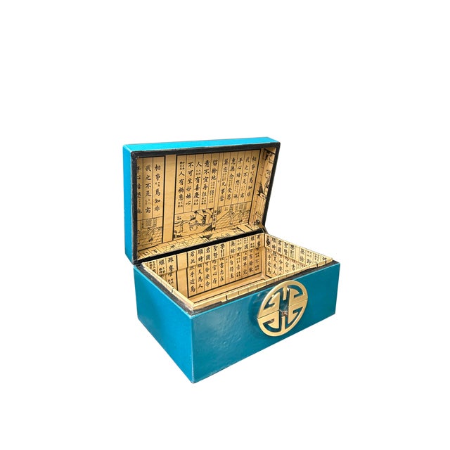 Large Oriental Round Hardware Turquoise Blue Rectangular Container Box ...