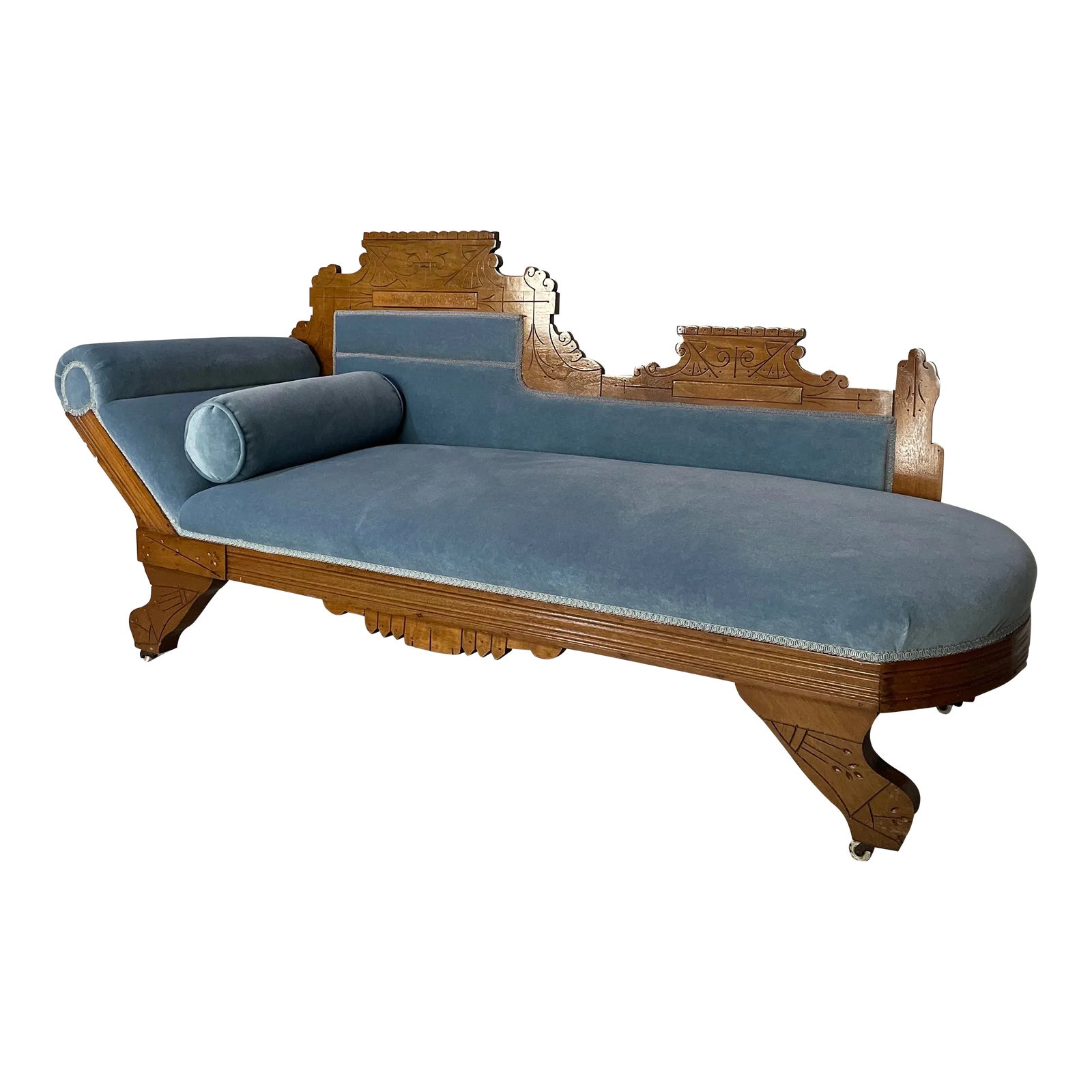 Antique Fainting Couch in Newly Upholstered Sky Blue Velvet | Chairish