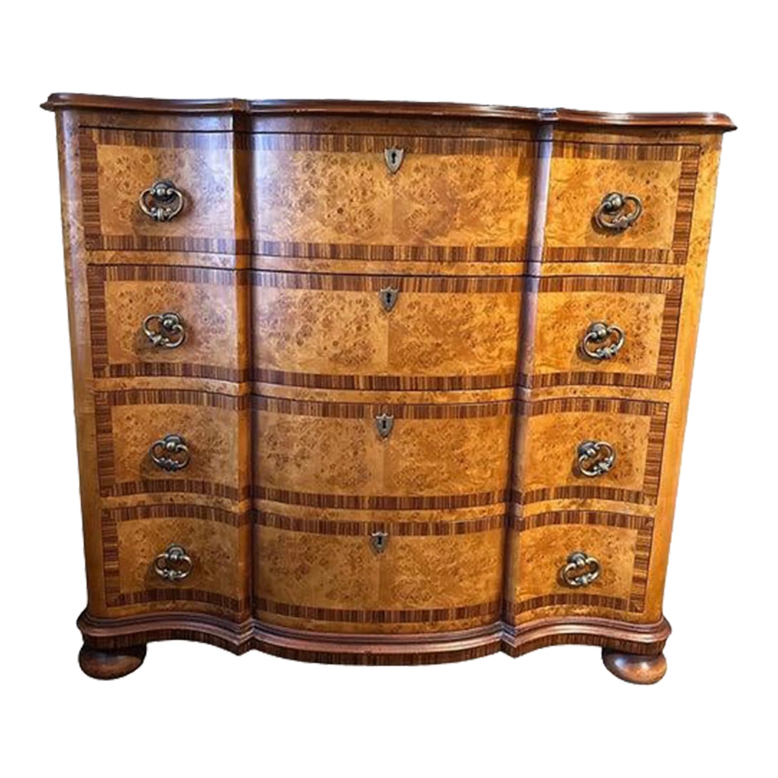 4 Drawer Burled Wood Cabinet with Satin Band Trim | Chairish